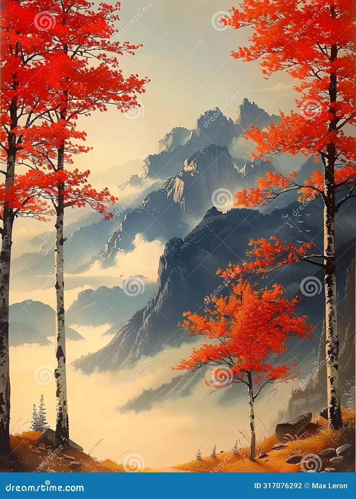 Red Maple Trees and Mountains Stock Illustration - Illustration of ...
