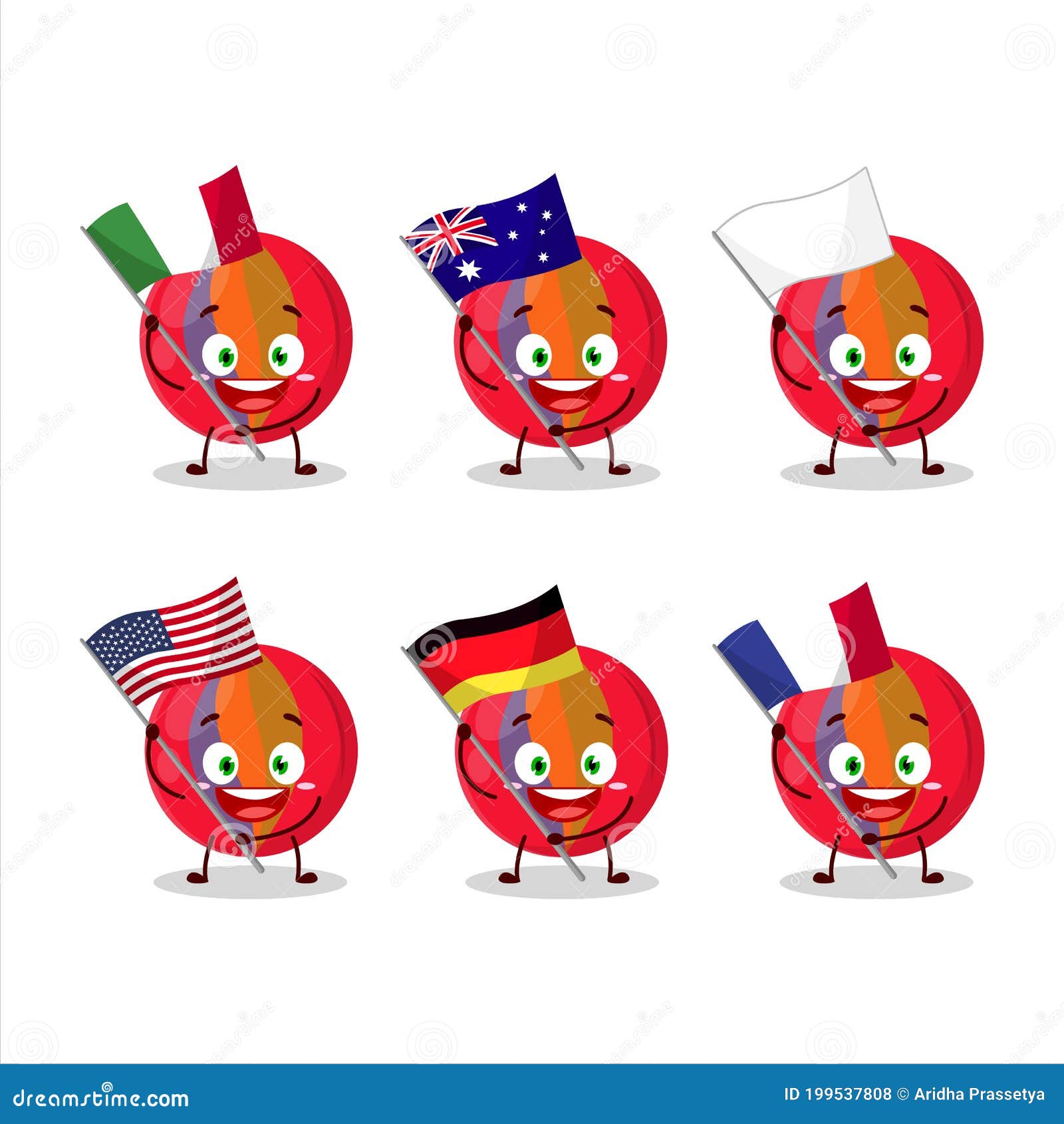 Red Marbles Cartoon Character Bring the Flags of Various Countries ...