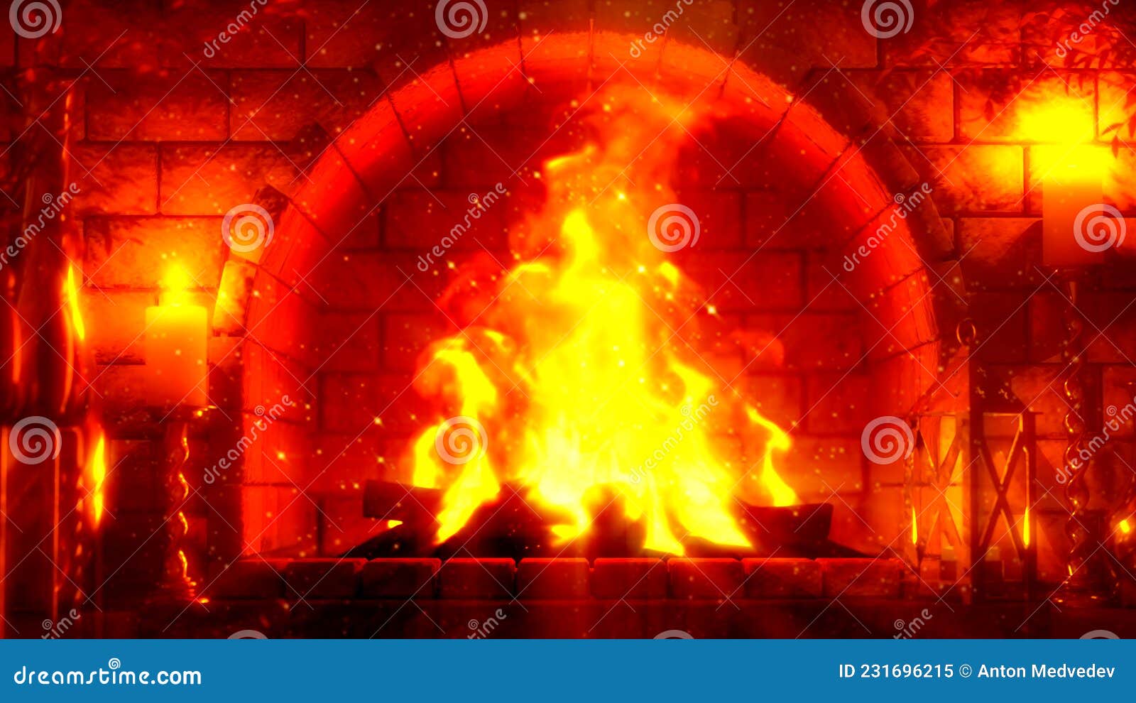 Red Masonry Fireplace Fire Shining . Design Object 3D Rendering Stock ...