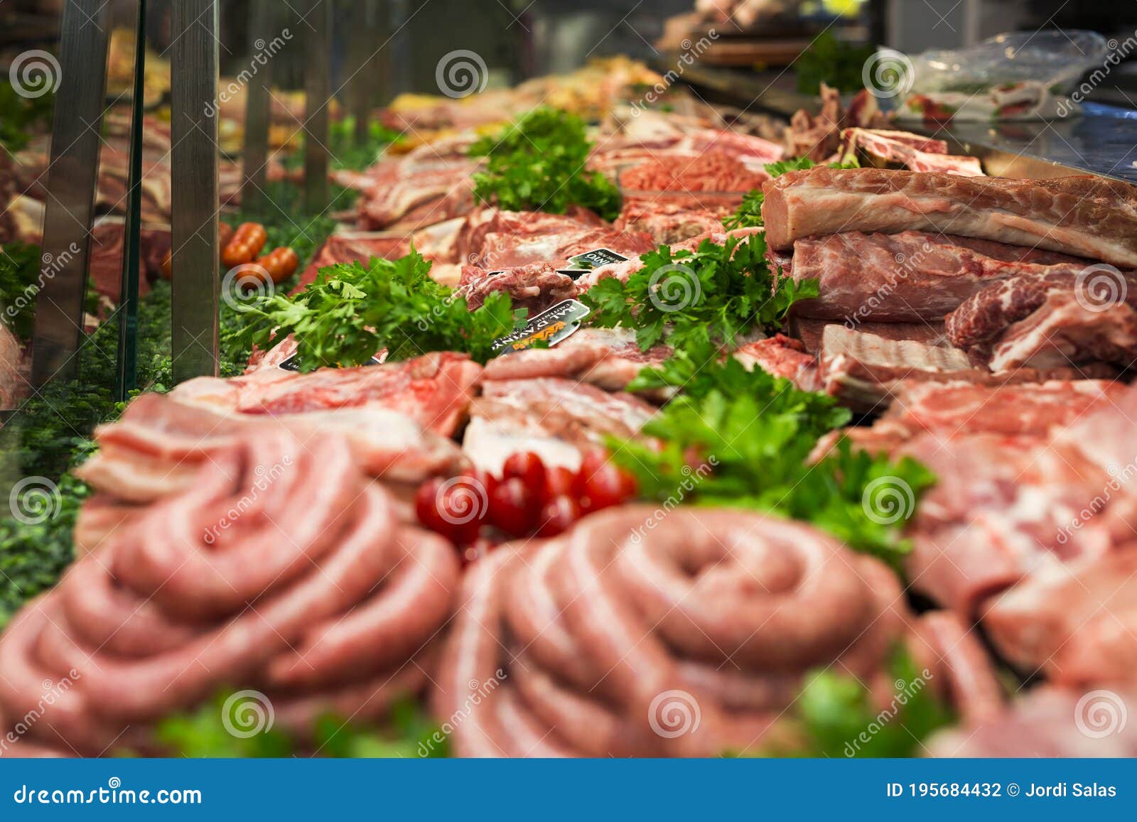Red meat in a butchery stock photo. Image of natural - 195684432
