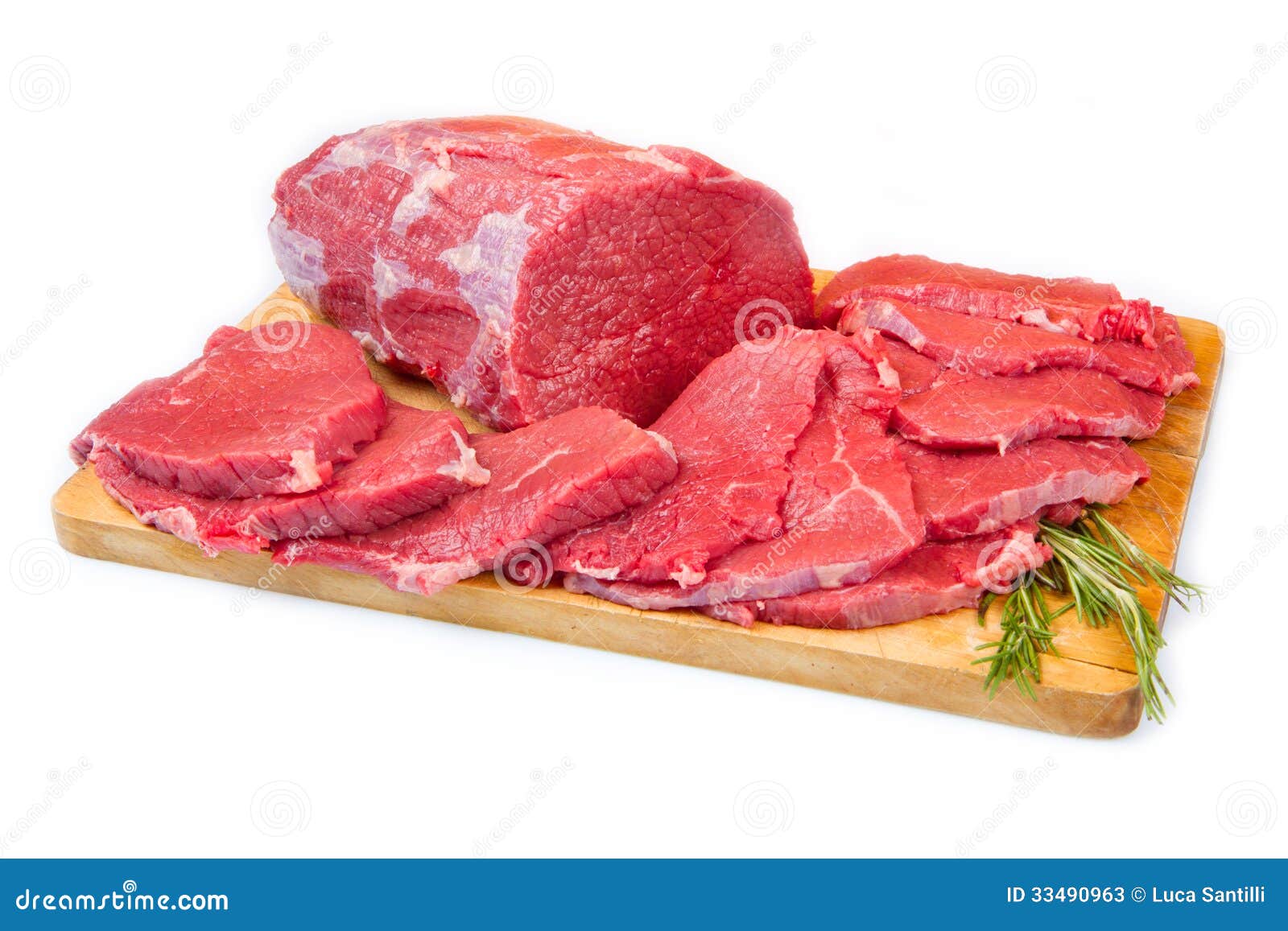 Red Meat Chunk and Steak Isolated Over Wood Background Stock Image ...