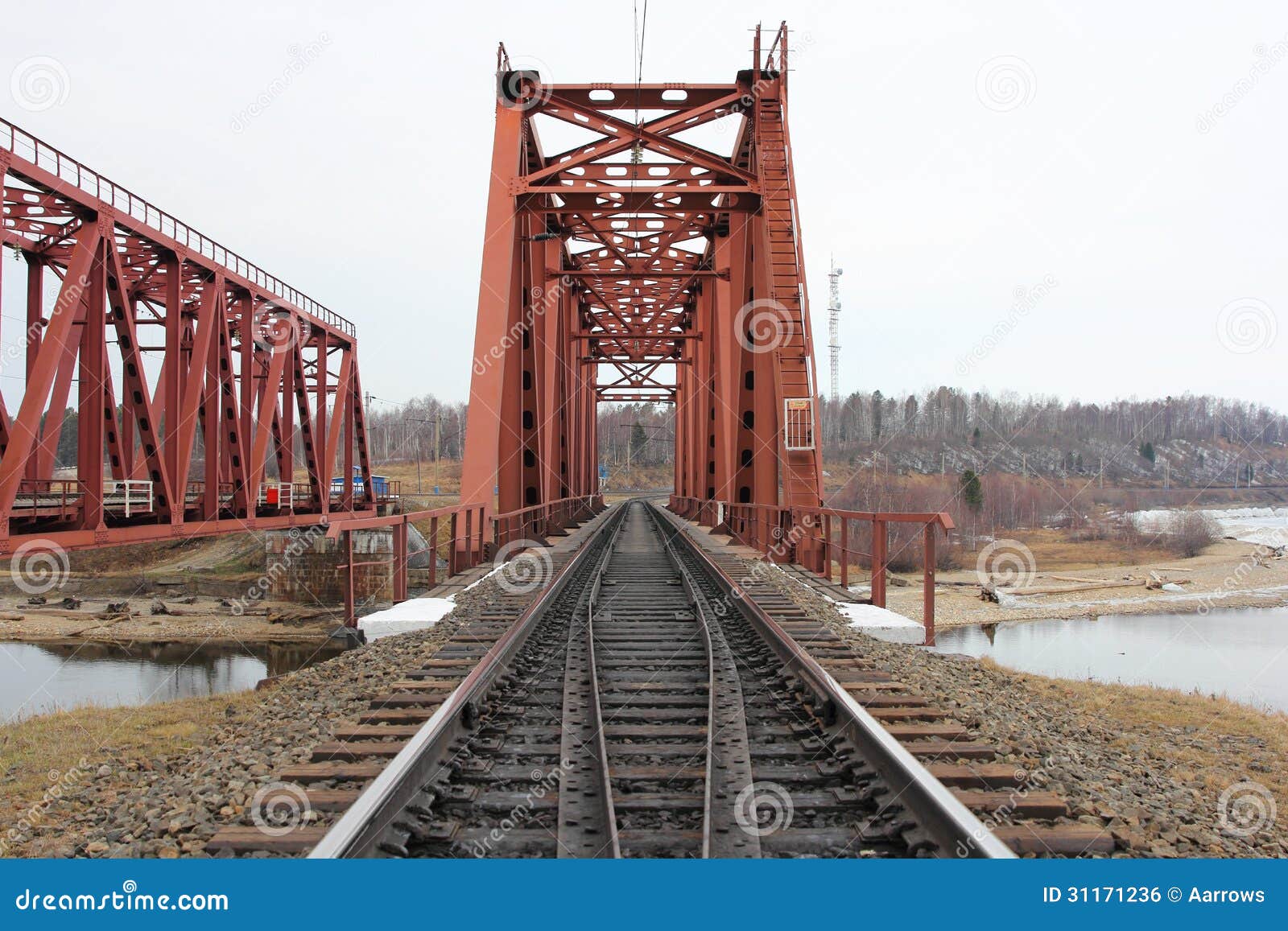 Red metal railway bridge stock photo. Image of perspective - 31171236