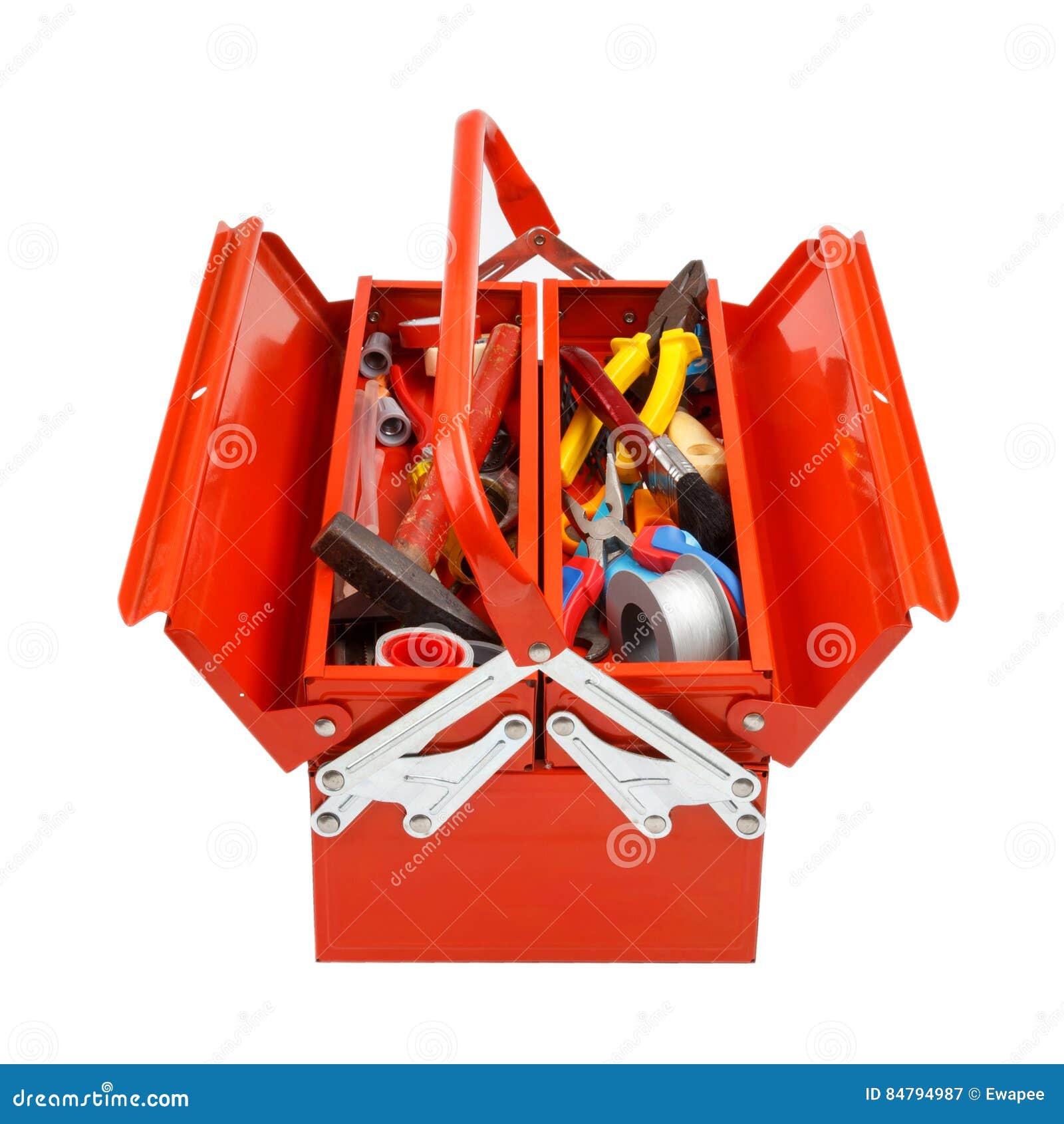 Red Metal Tool Box with Tools on White Background. Stock Image - Image ...