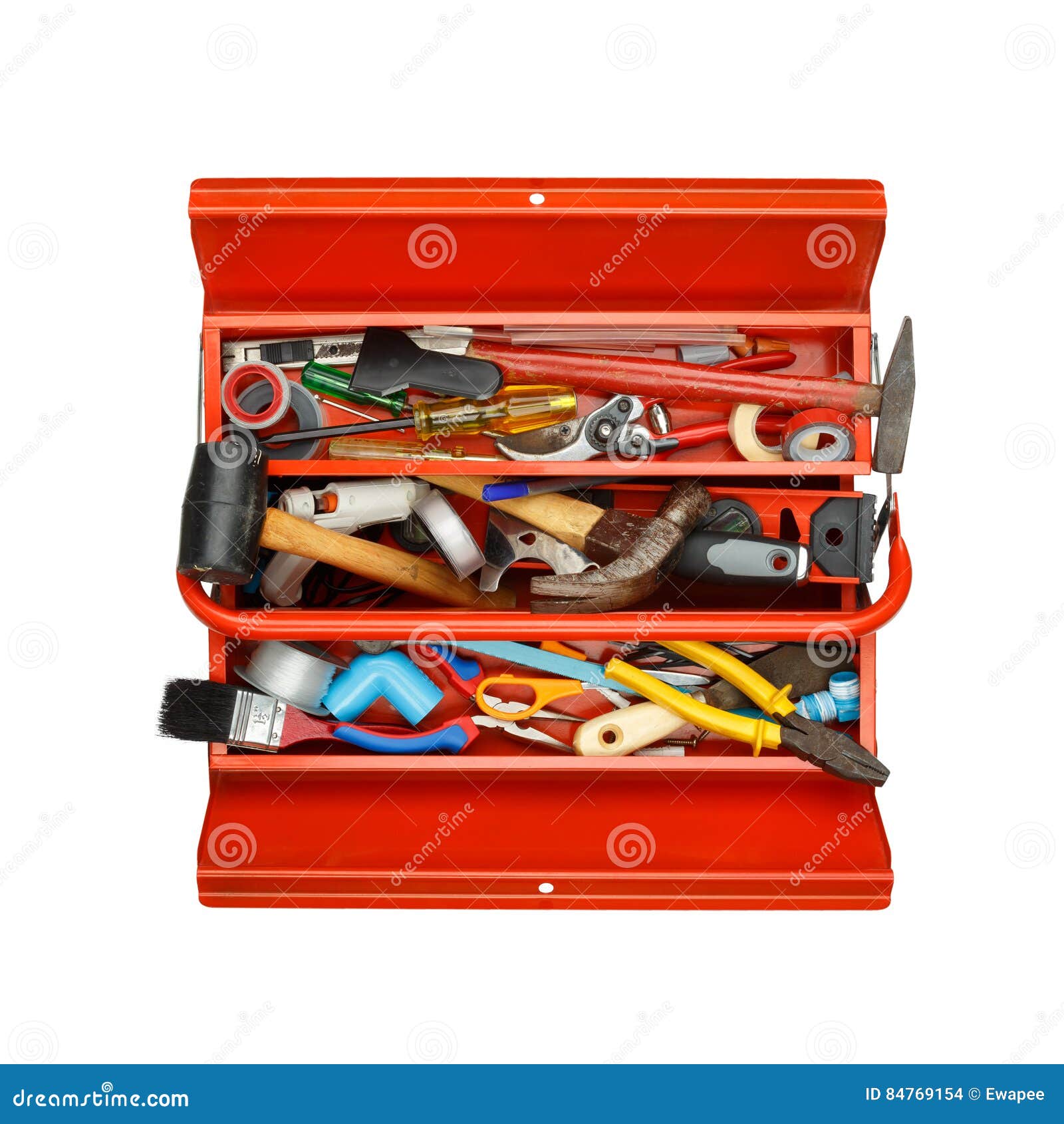 Red Metal Tool Box with Tools on White Background. Stock Photo - Image ...