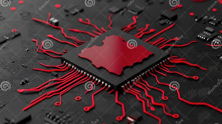 Red Microchip with Circuit Connections on a Dark Background Stock ...