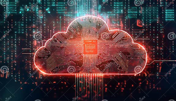 A Red Microcircuit In The Shape Of A Cloud On A Dark Background With Coding And Programming