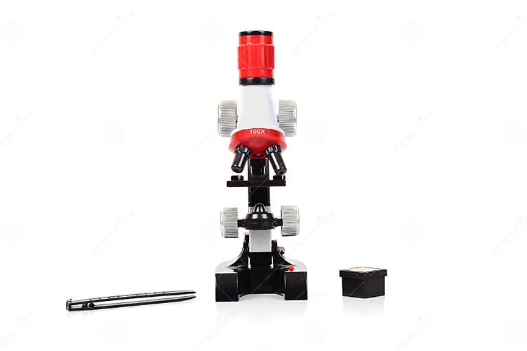 Red Microscope ,science Tool on White Stock Photo - Image of exercise ...