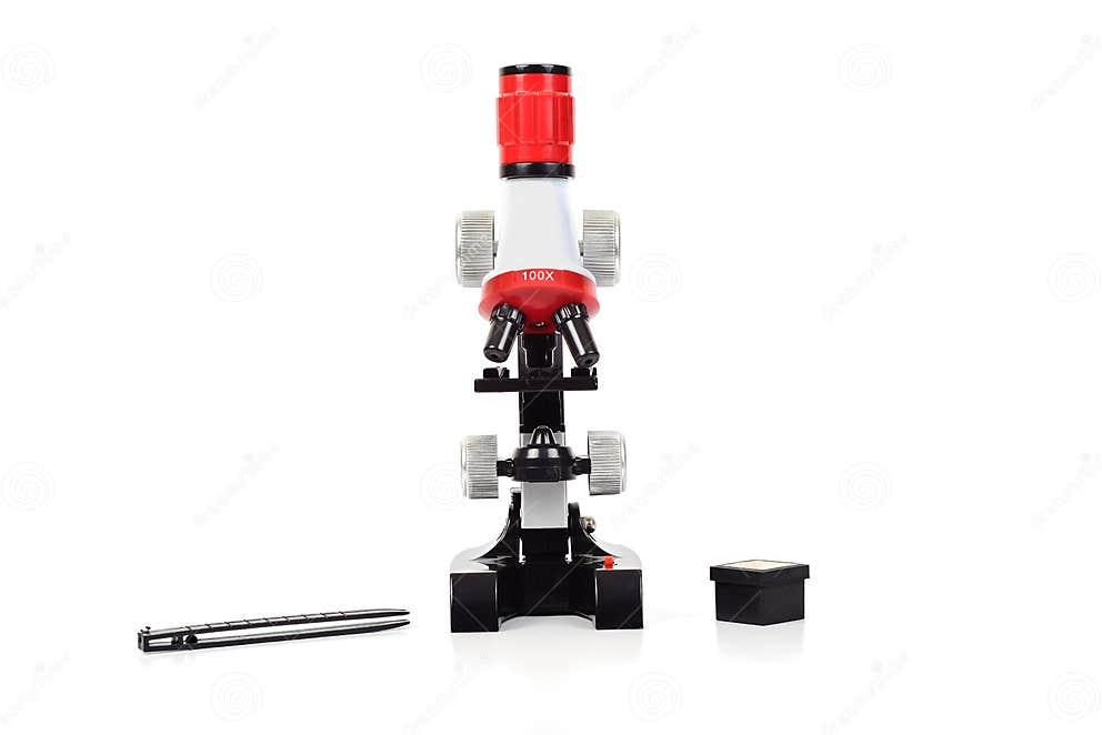 Red Microscope ,science Tool on White Stock Photo - Image of exercise ...