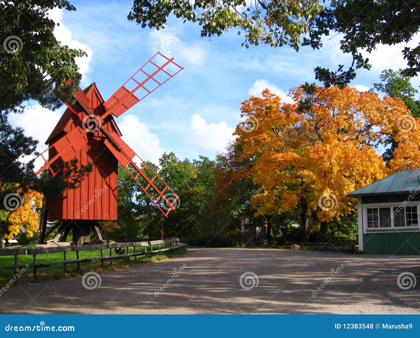 Red mill stock photo. Image of cobblestone, blue, denmark - 12383548