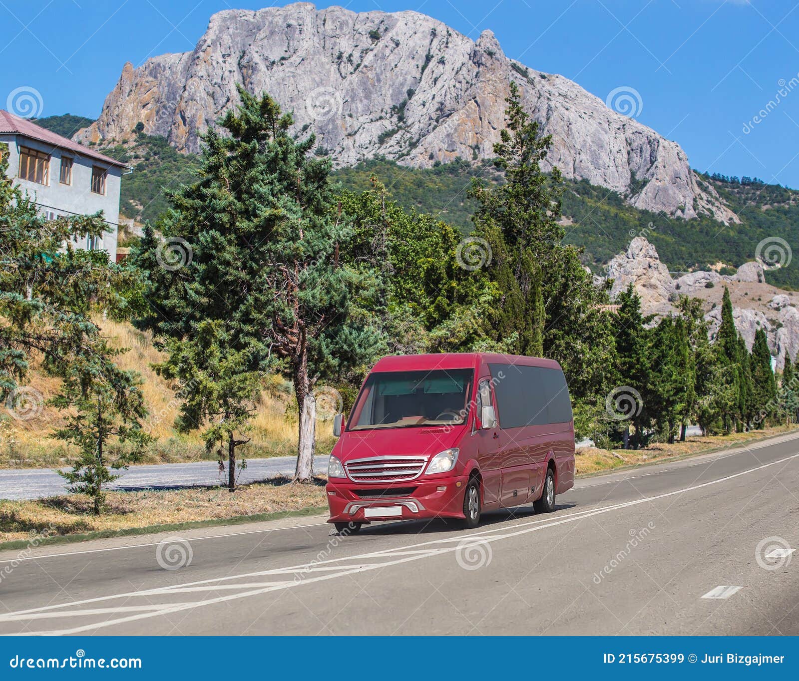 Red Minibus Moves on a Road in the Mountains Stock Image - Image of ...