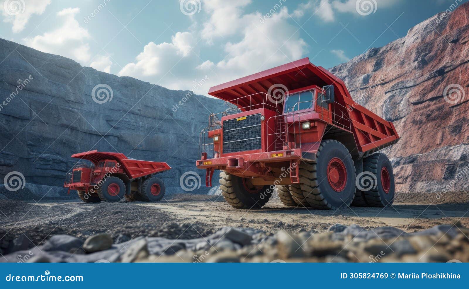 Red Mining Dump Trucks Working in Coal Mine Quarry Stock Image - Image ...