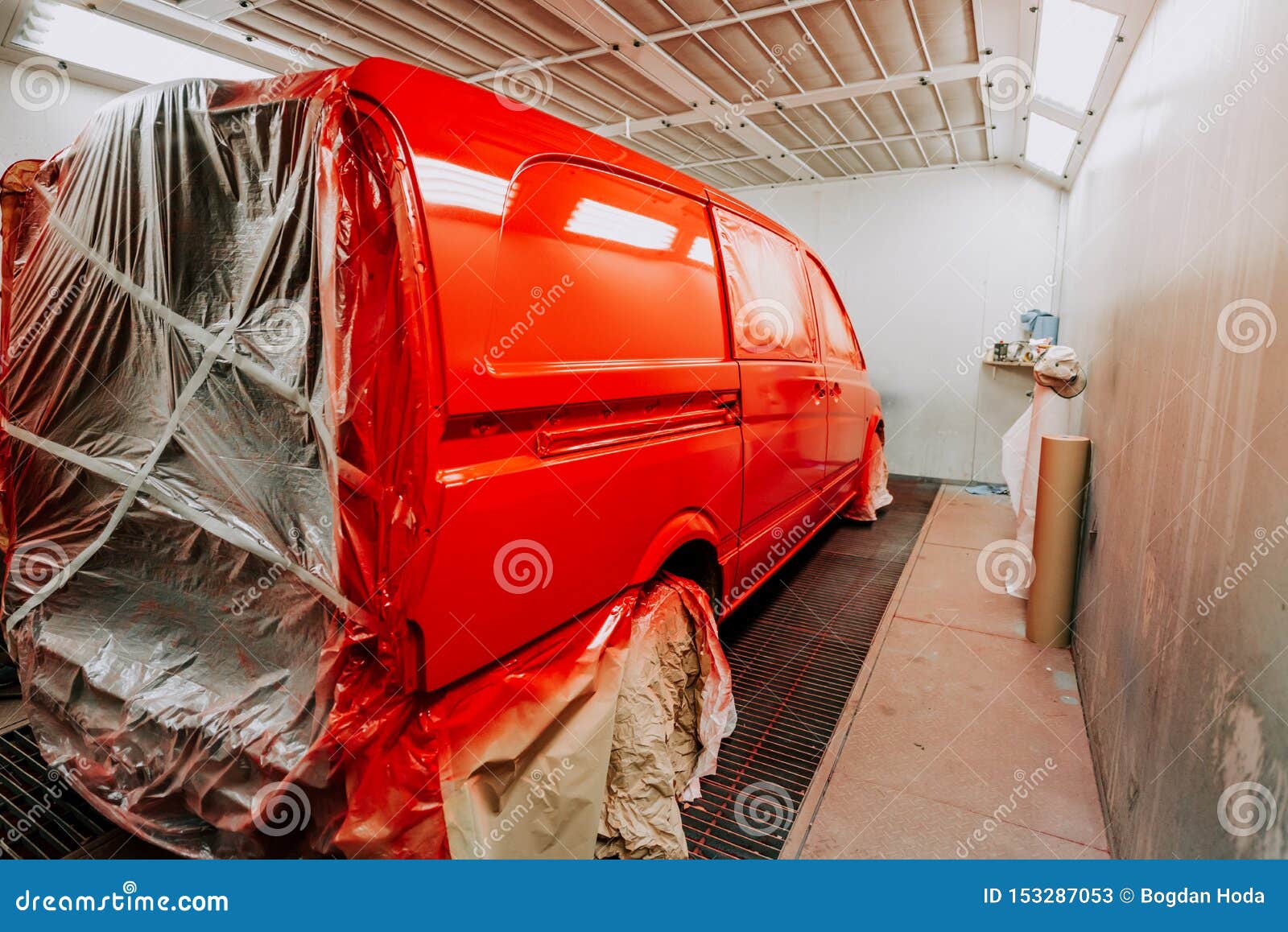 Red Minivan in Paint Booth. Car Workshop Details, Painting of a Car ...