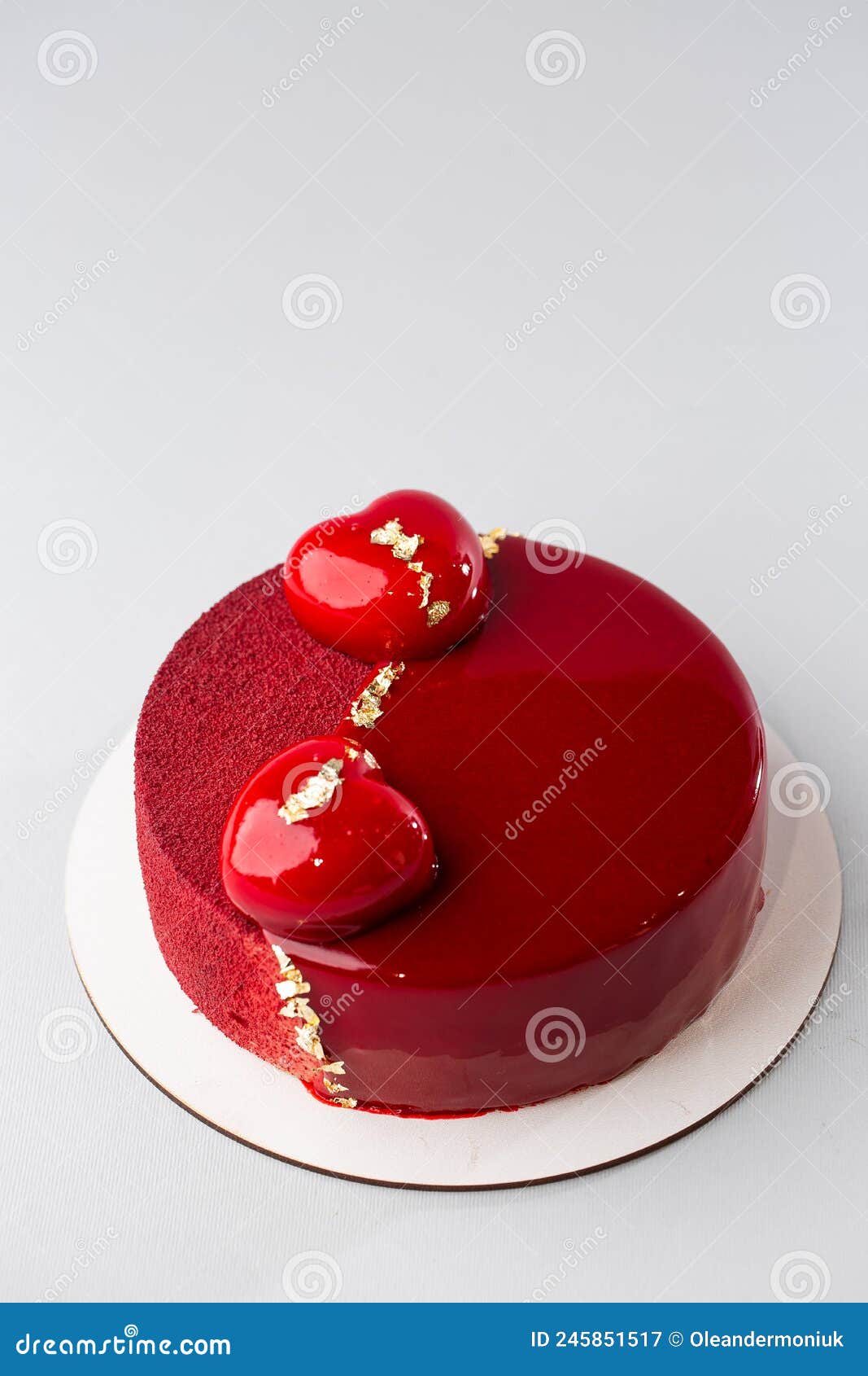 Red Mirror Half Glazed and Velor Entremets with Mini Hearts and Gold ...