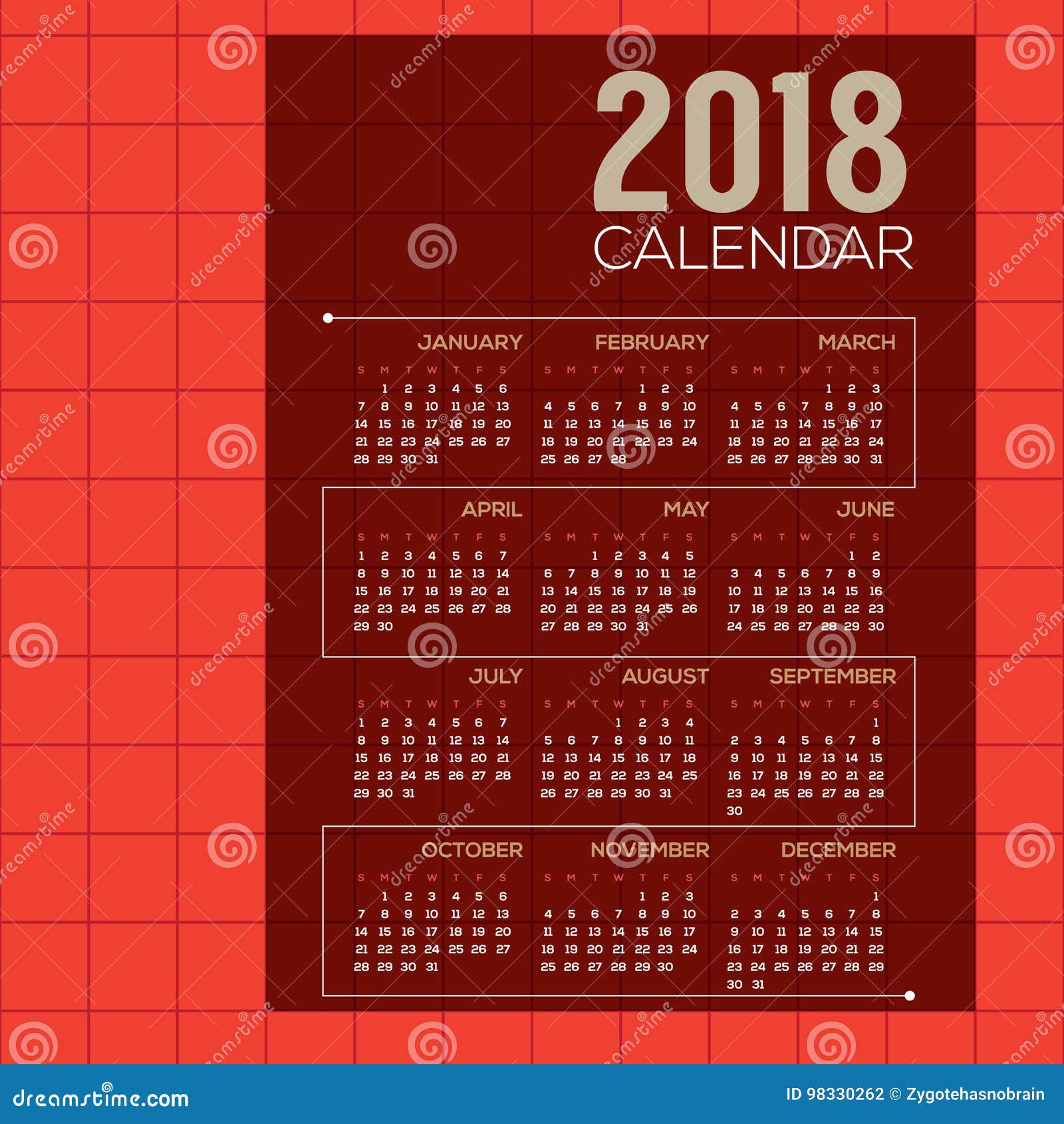 2018 Red Modern Grid Printable Calendar Starts Sunday Stock Vector ...