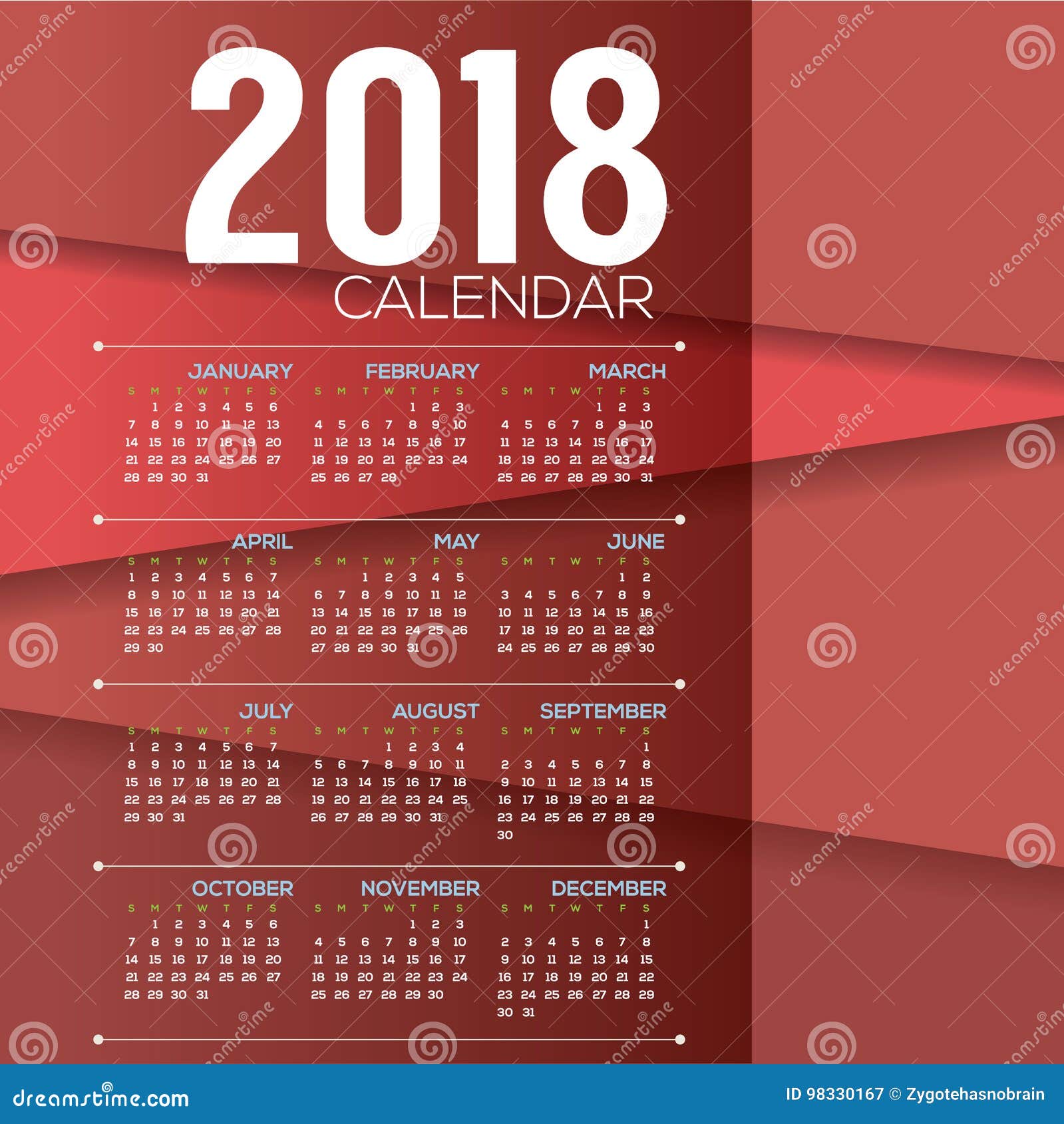 2018 Red Modern Layer Printable Calendar Starts Sunday Stock Vector ...