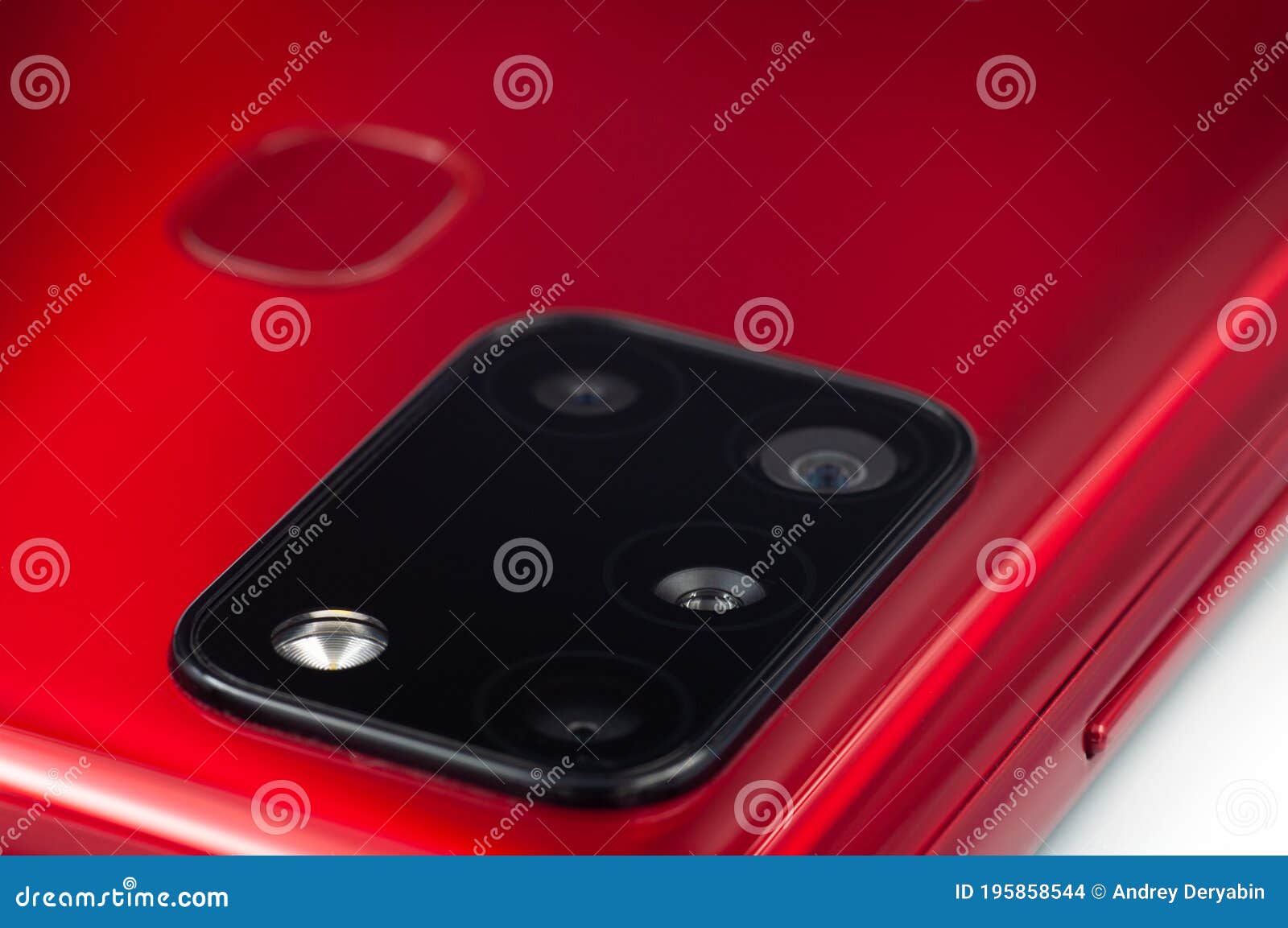 Red Modern Smart Phone Quad Camera Lens and Fingerprint Scanner Close ...