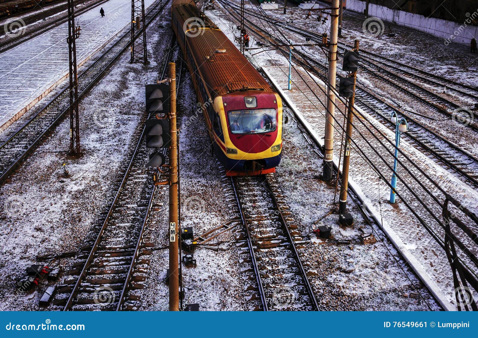 Red Modern Train and the Platform with Rails. Stock Image - Image of ...