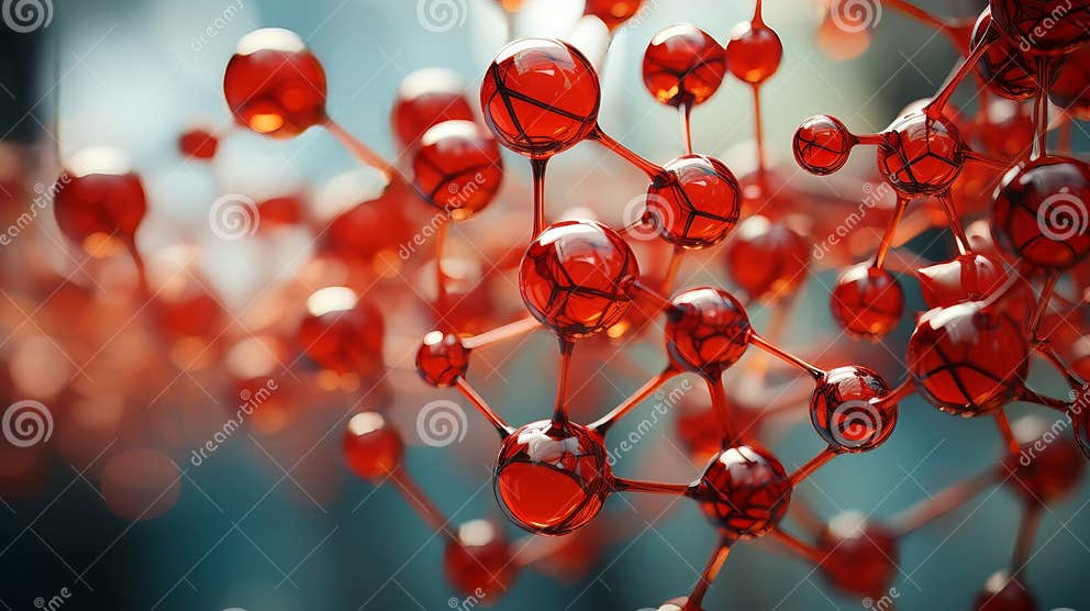 A Red Molecule Structure with Many Spheres. Generative AI. Stock ...