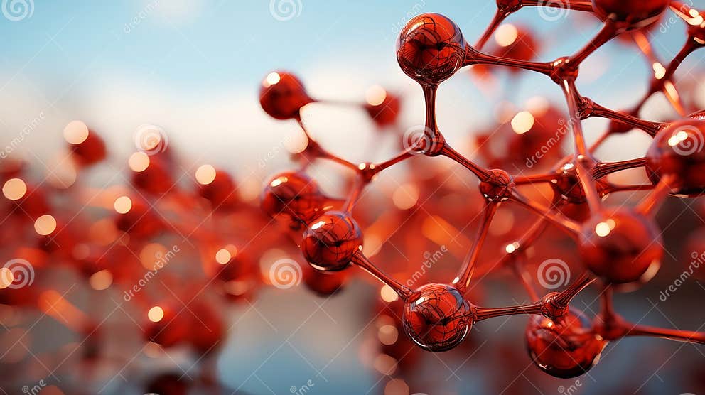 A Red Molecule Structure with Many Spheres. Generative AI. Stock ...