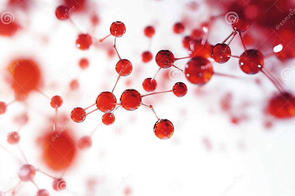 Red Molecules Floating and Connecting on Bright White Background, 3D ...