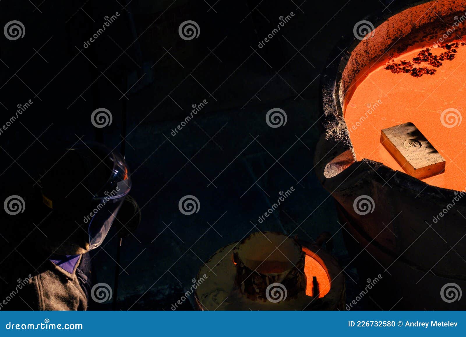 Red Molten Metal and a Worker in a Protective Mask at the Vat Stock ...