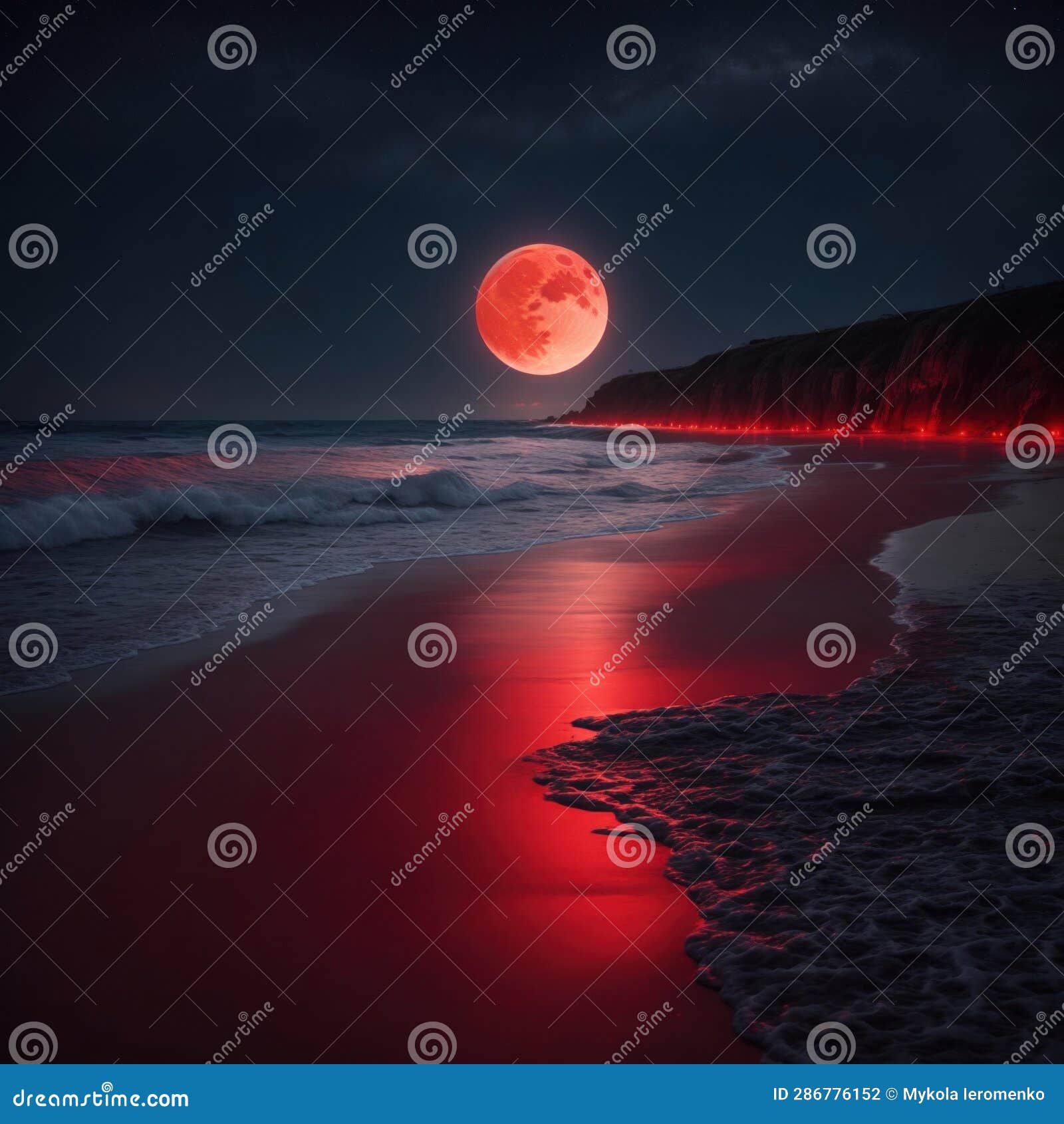 Red Moon on the Background of the Sea Stock Illustration - Illustration ...