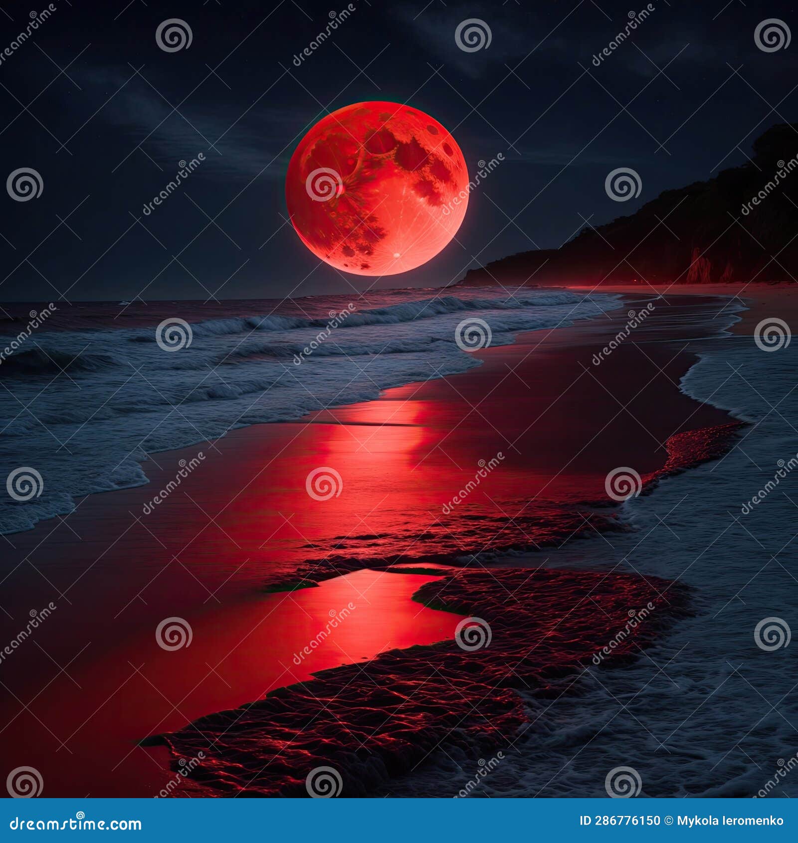 Red Moon on the Background of the Sea Stock Illustration - Illustration ...