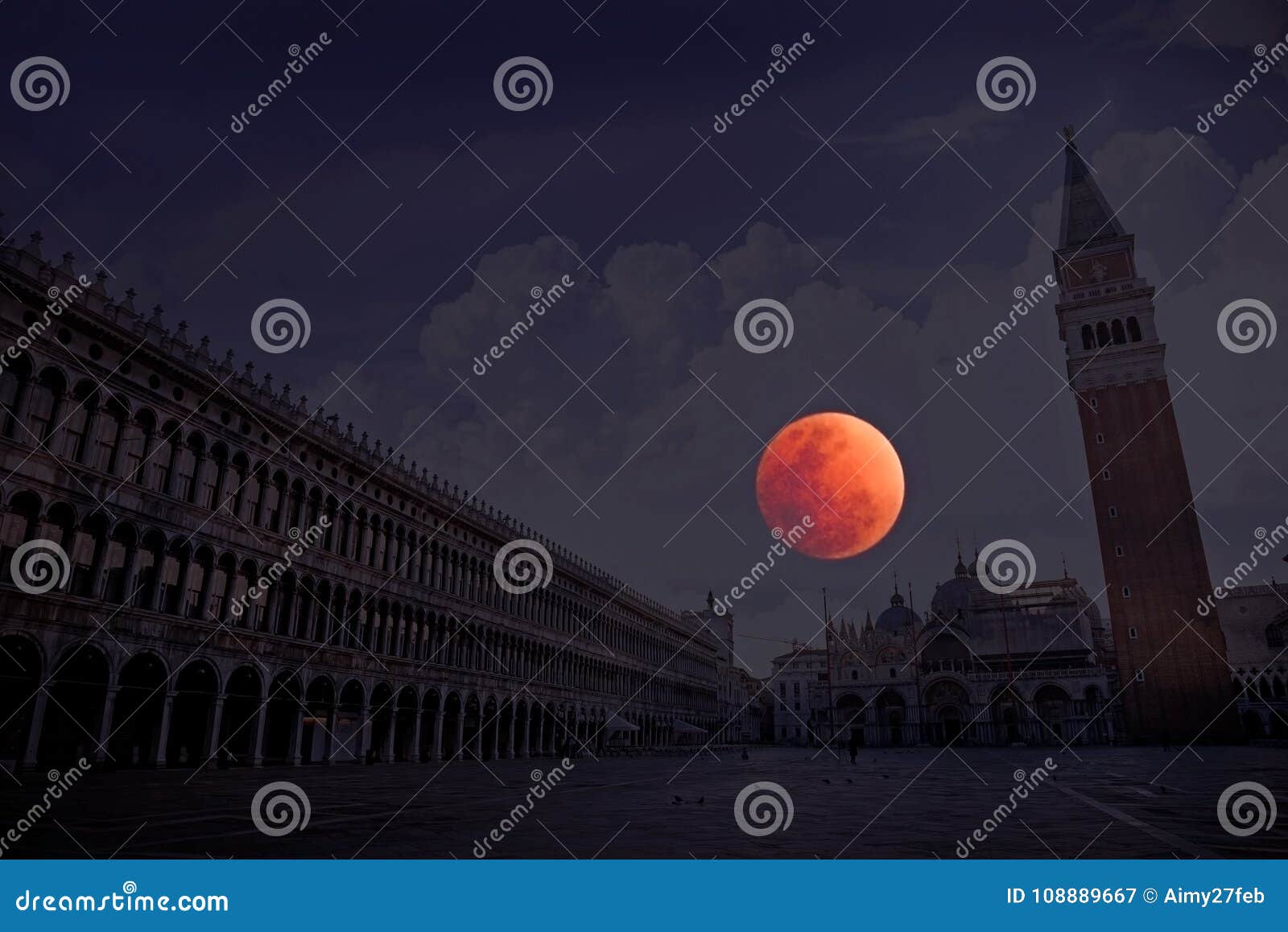 Red Moon in Blue Hour Over Venice Italy. Stock Image - Image of ...