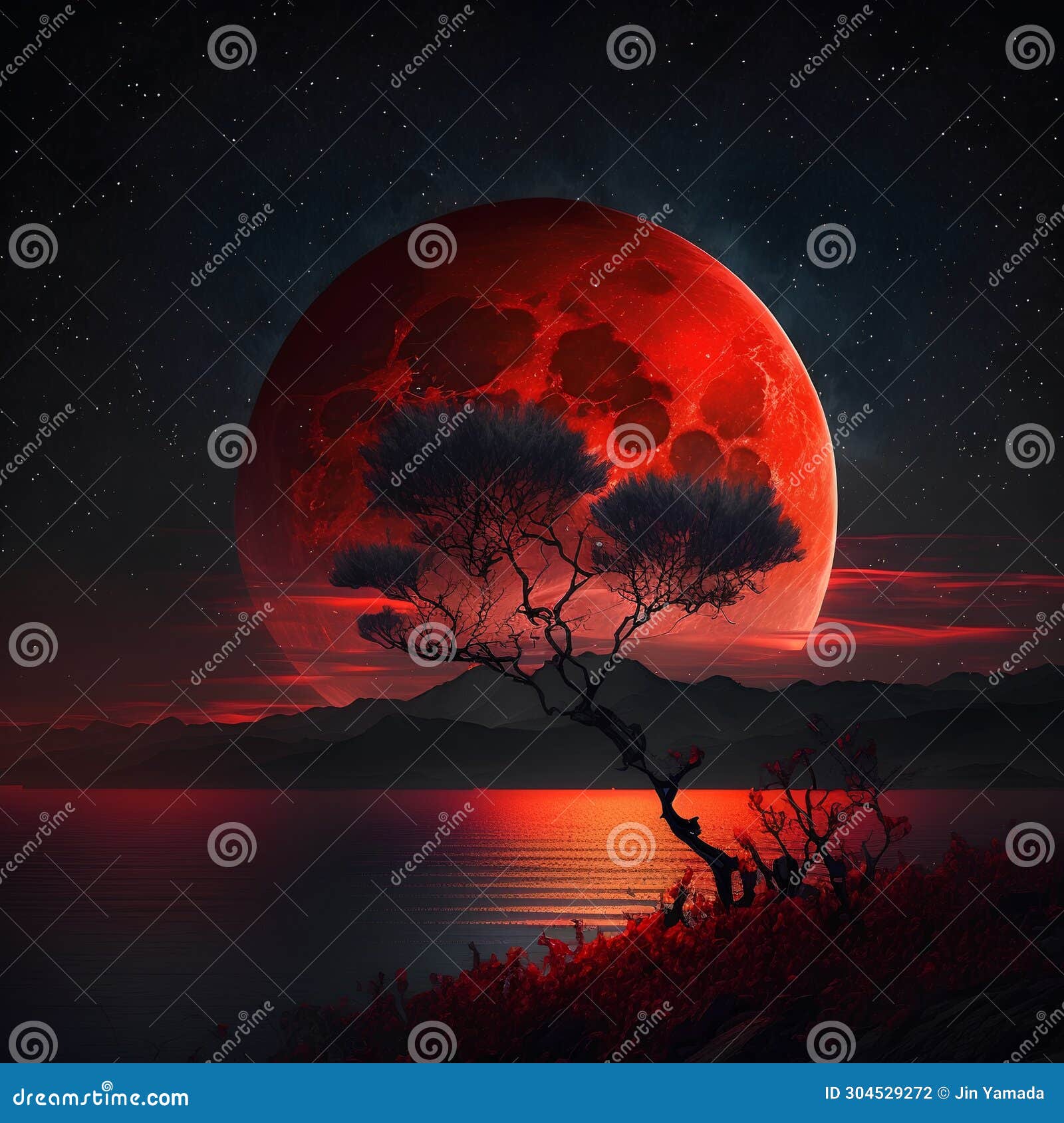 Red Moon Over the Sea and a Tree on a Hillside. Stock Illustration ...