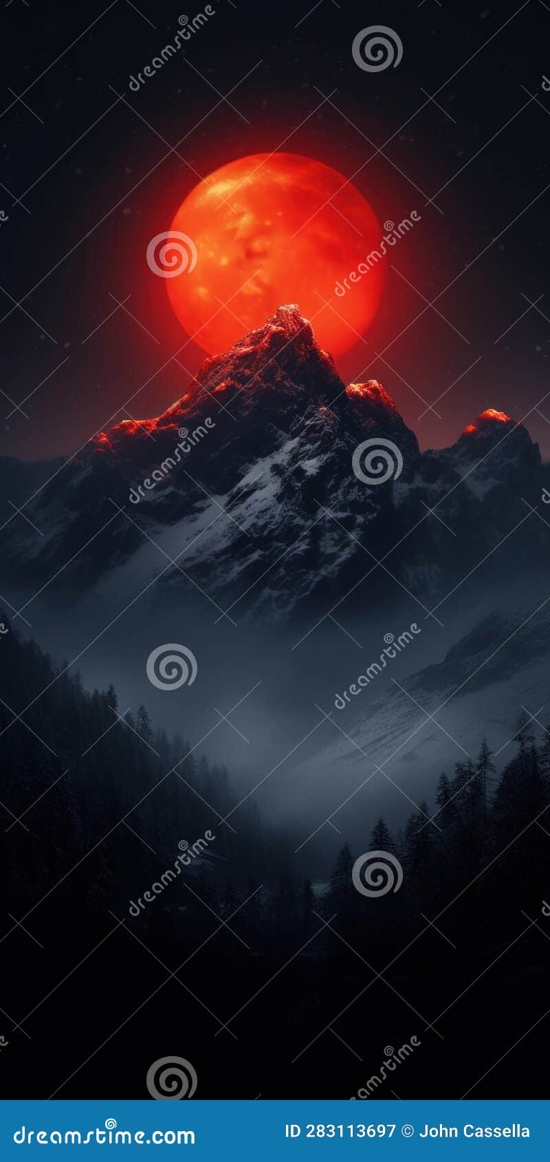 Red Moon Over Snowy Mountain Pass Landscape Stock Illustration ...