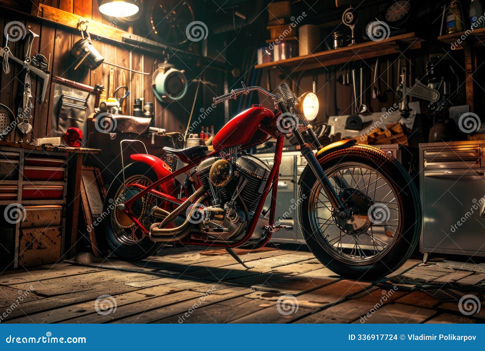 A Red Motorcycle Parked in a Garage with a Closed Door Stock Photo ...