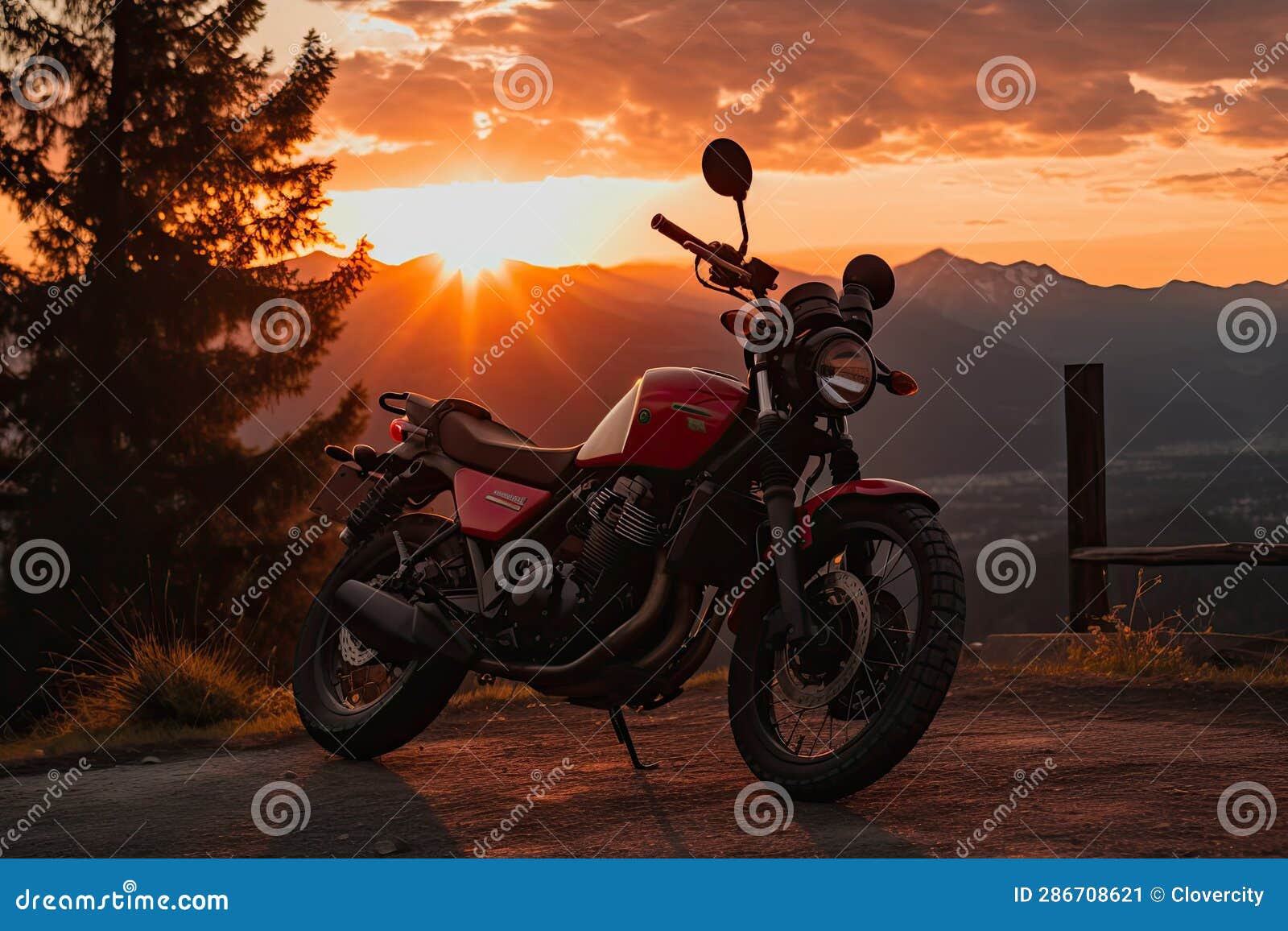 Red motorcycle at sunset stock illustration. Illustration of travel ...