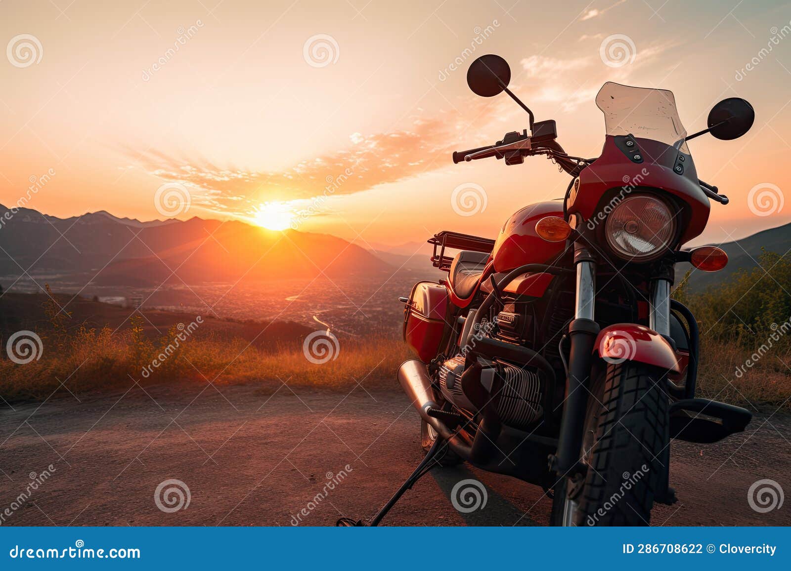 Red motorcycle at sunset stock illustration. Illustration of travel ...