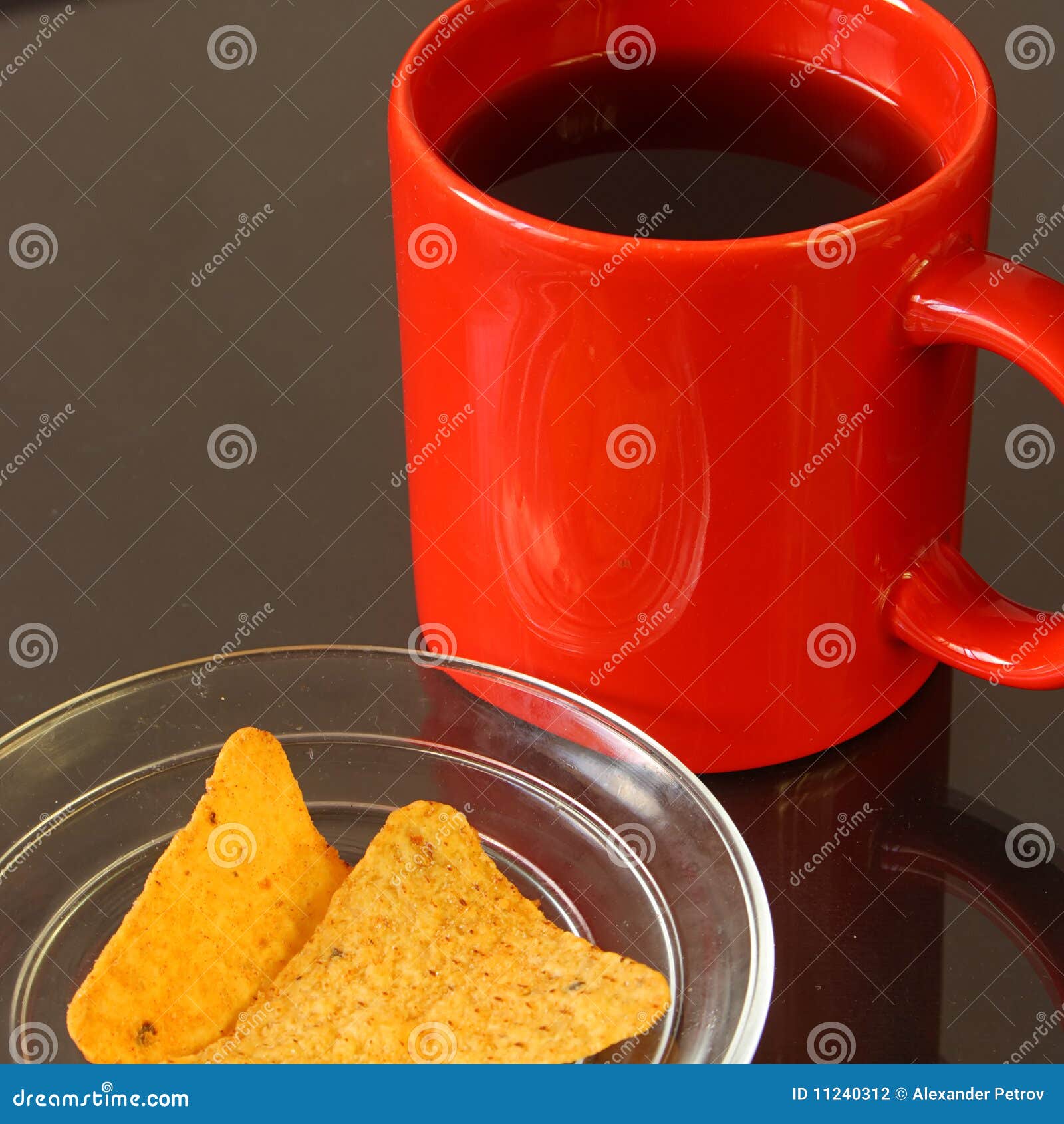 Red mug and chips stock photo. Image of glass, table - 11240312