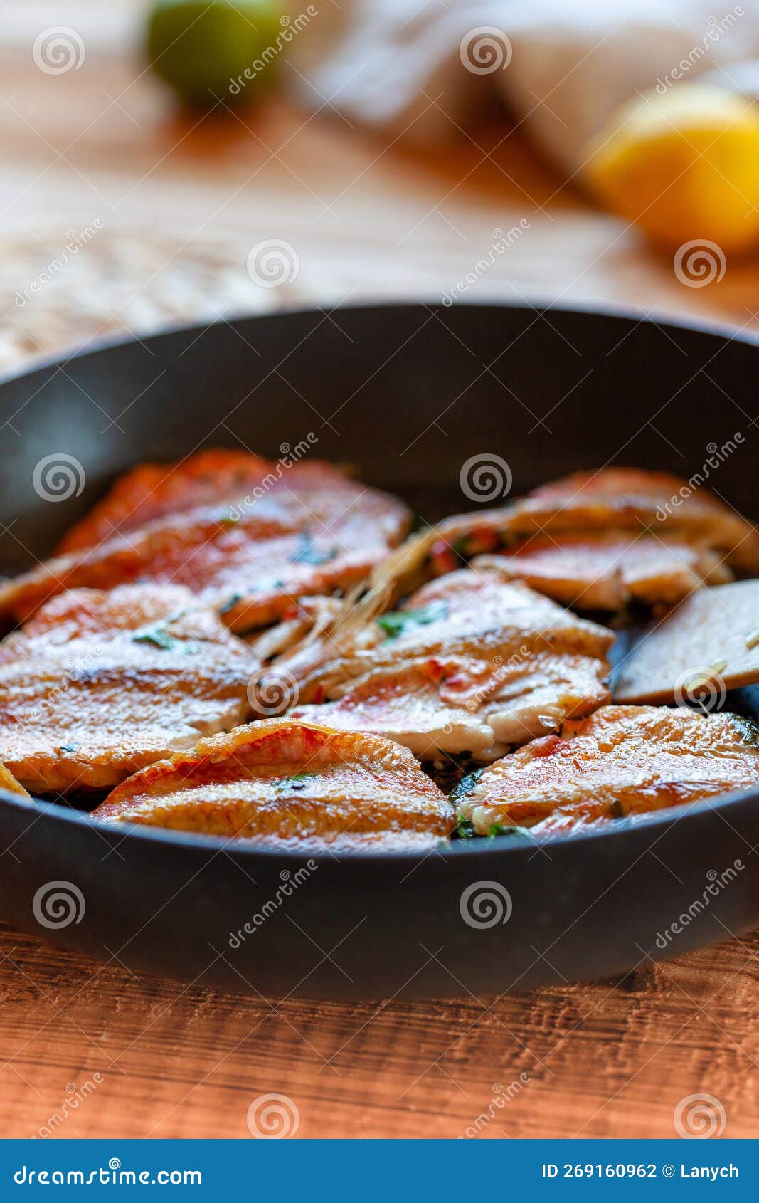 Red Mullet Fish Cooked on a Pan Stock Photo - Image of restaurant, chef ...