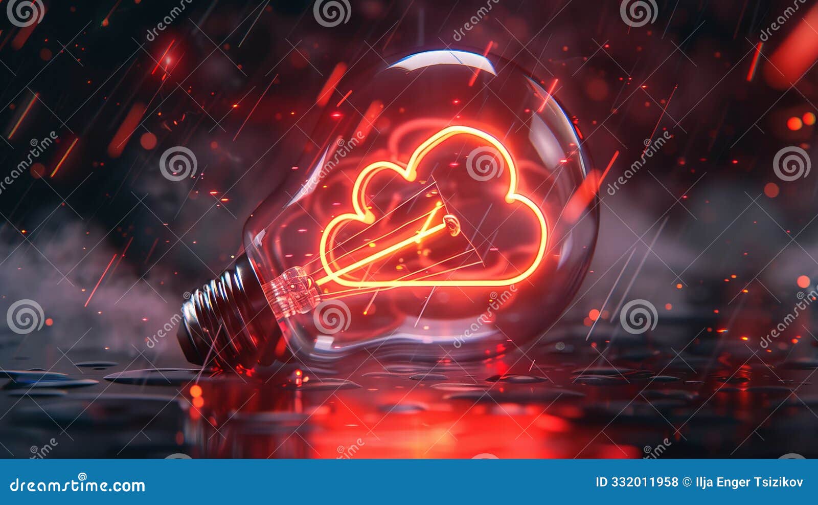 Red Neon Cloud Inside Light Bulb on Wet Surface with Red Atmospheric ...