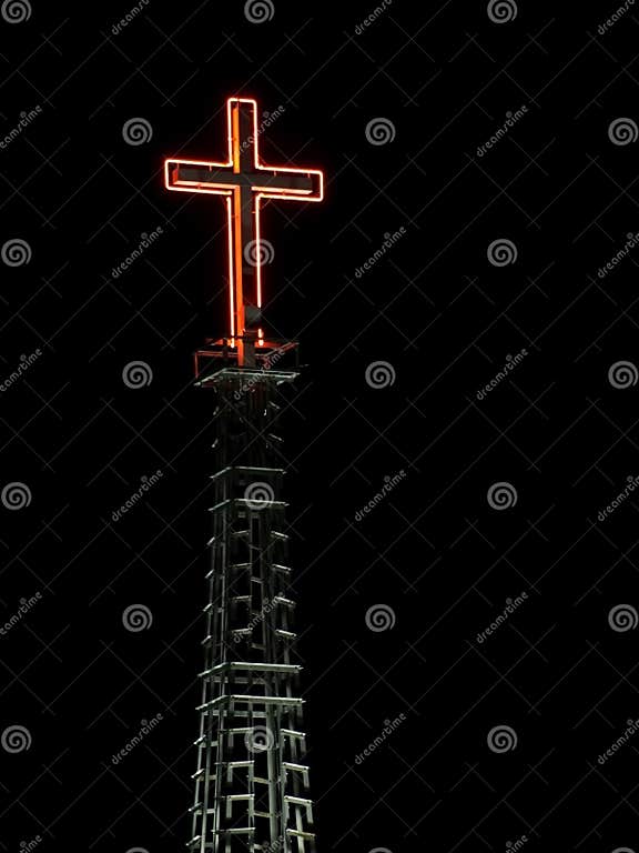 Red neon cross at night editorial stock image. Image of light - 37465039