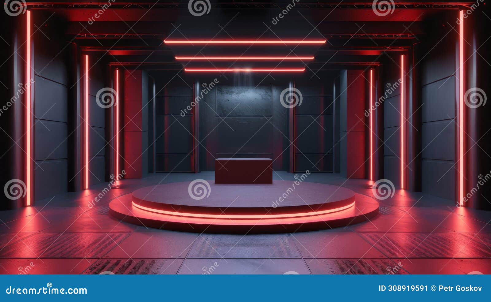 Red Neon Cube Display in Reflective Dark Room Stock Image - Image of ...