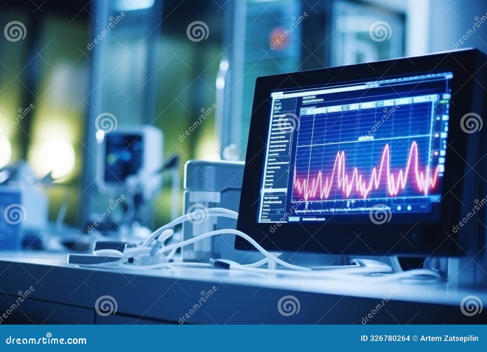 Red Neon Line on Blue Lab Monitor, Waveform Display in Scientific ...