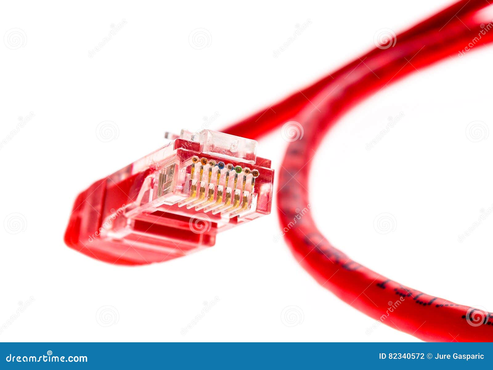 Red Network UTP Cable with RJ45 Connector Isolated on White. Stock ...