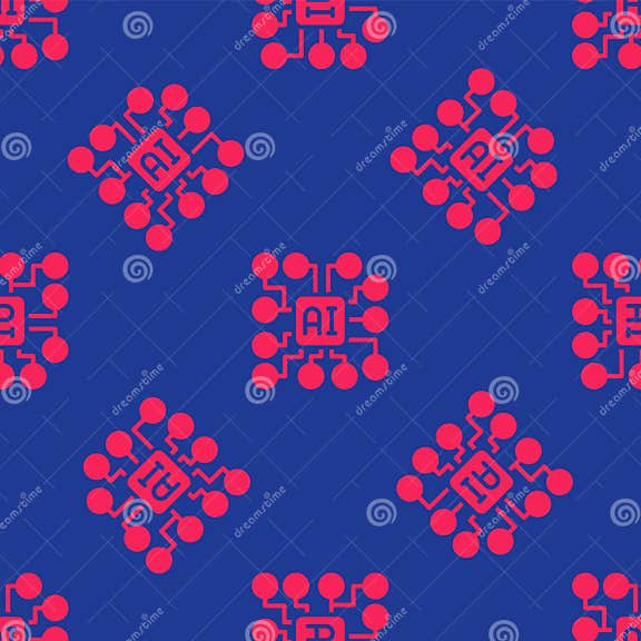 Red Neural Network Icon Isolated Seamless Pattern on Blue Background ...