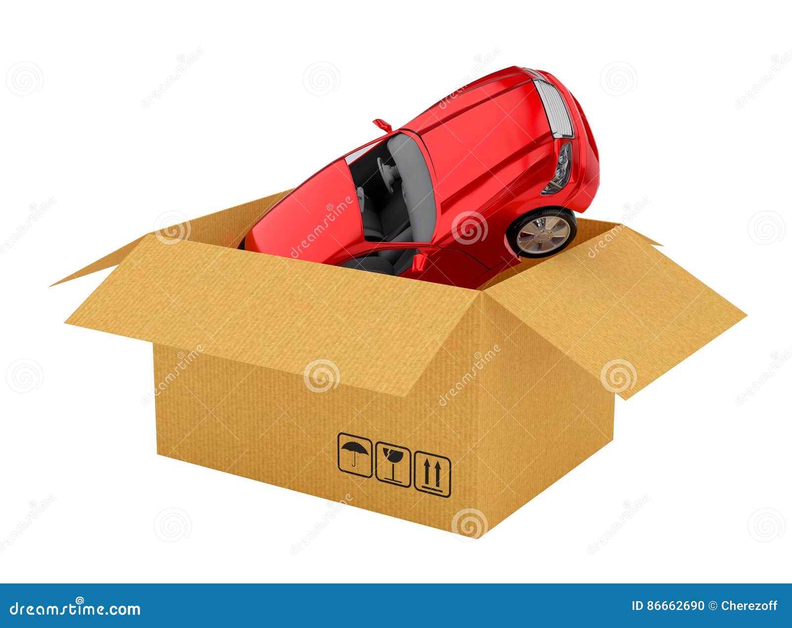 Red New Car in Open Cardboard Box Stock Photo - Image of metal ...