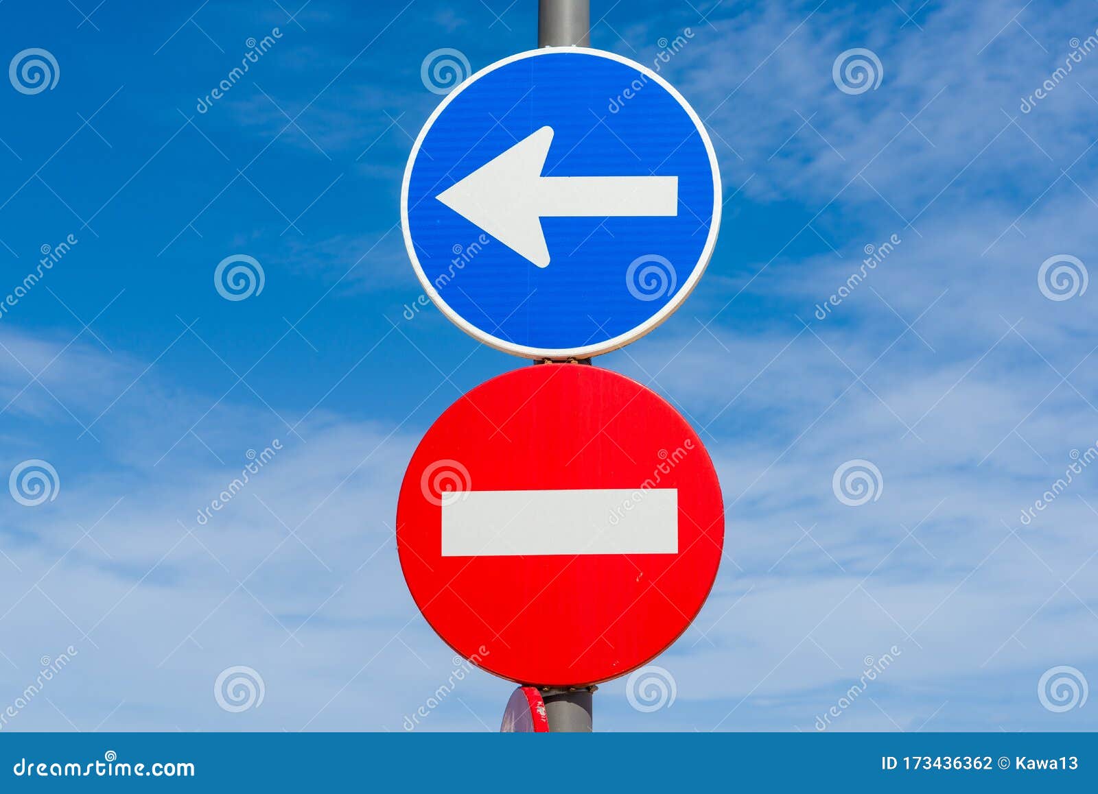 Red No Entry Road Sign and Blue Direction Arrow Stock Photo - Image of ...