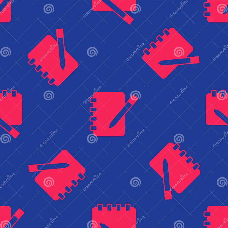 Red Notebook Icon Isolated Seamless Pattern on Blue Background. Spiral ...