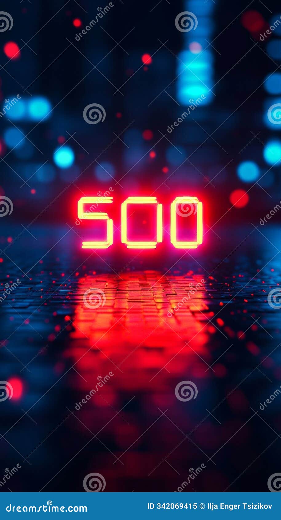 Red Number 500 Digital Led Display on Wet Asphalt with Reflection ...