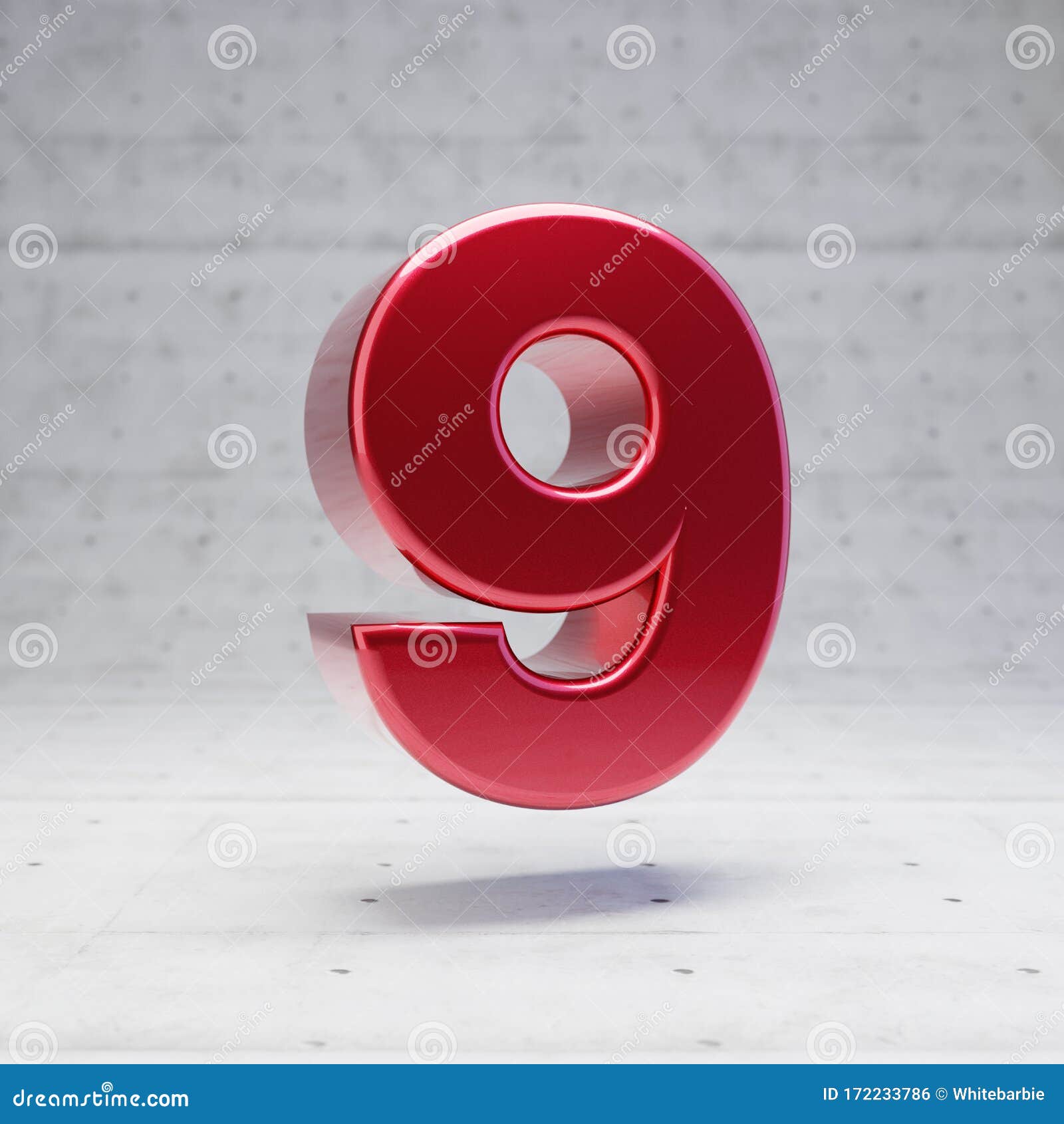 Red Number 9. Metallic Red Color Digit Isolated on Concrete Background ...