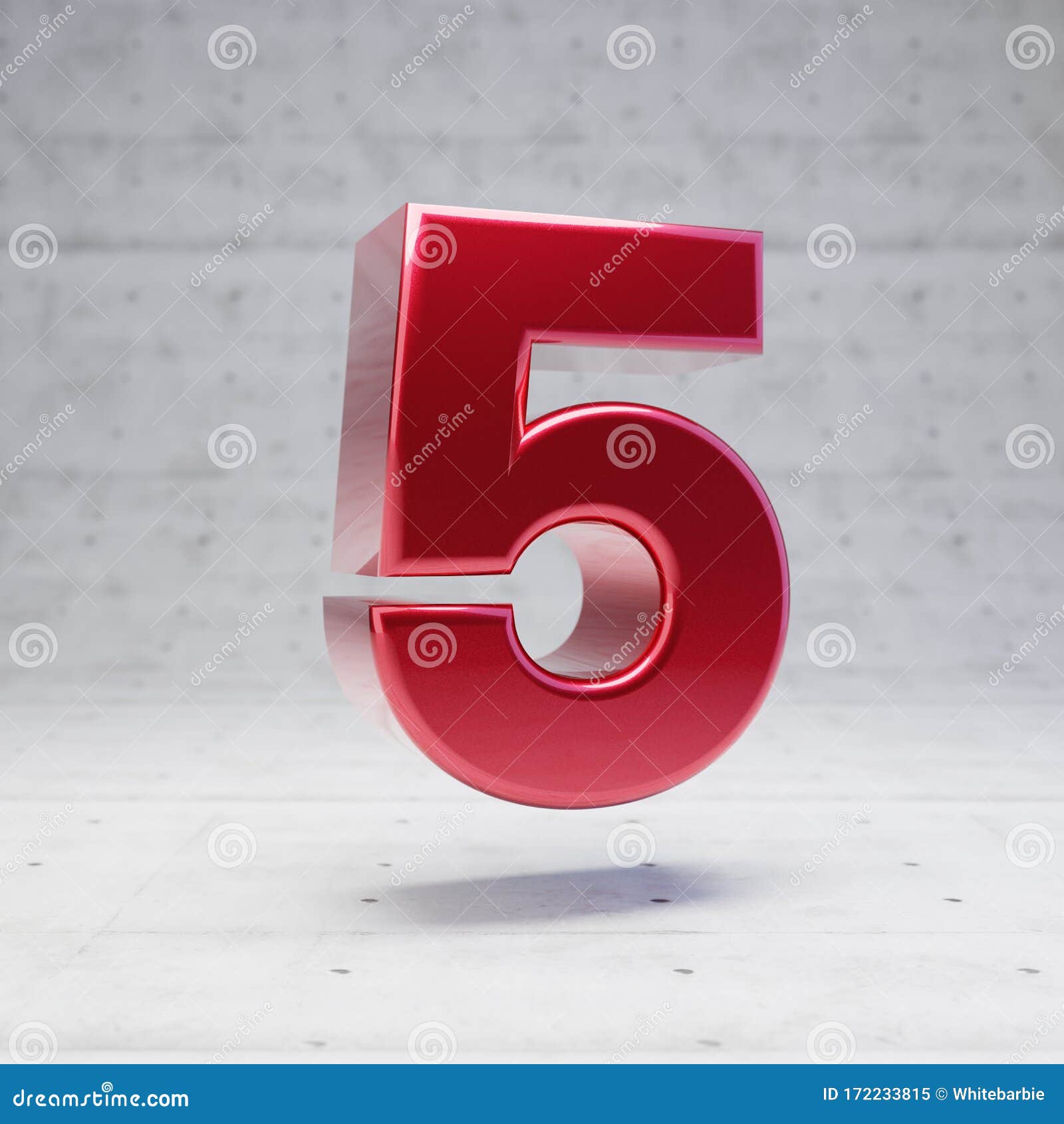 Red Number 5. Metallic Red Color Digit Isolated on Concrete Background ...
