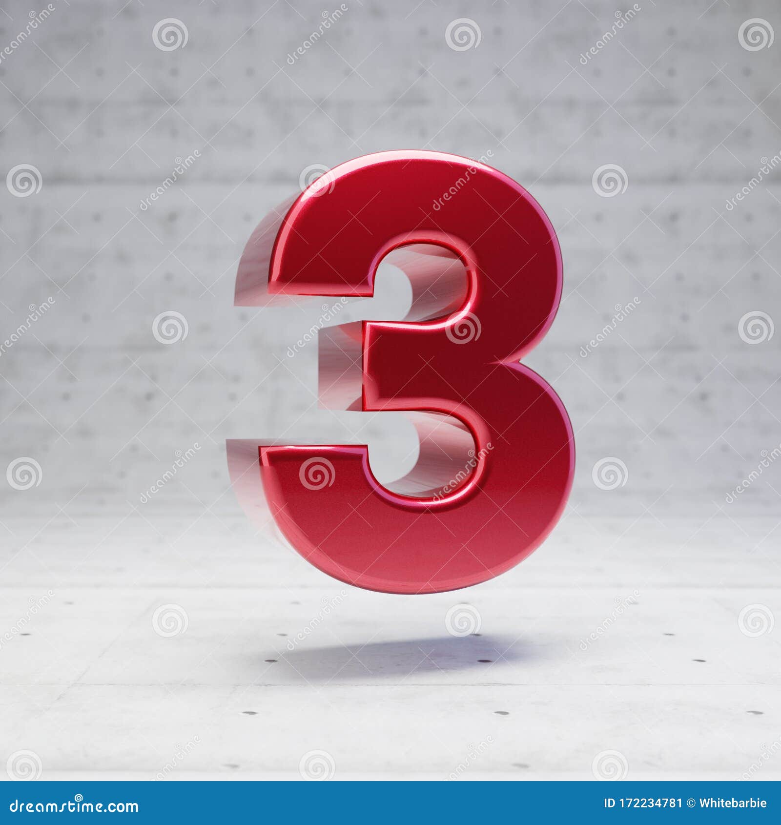Red Number 3. Metallic Red Color Digit Isolated on Concrete Background ...