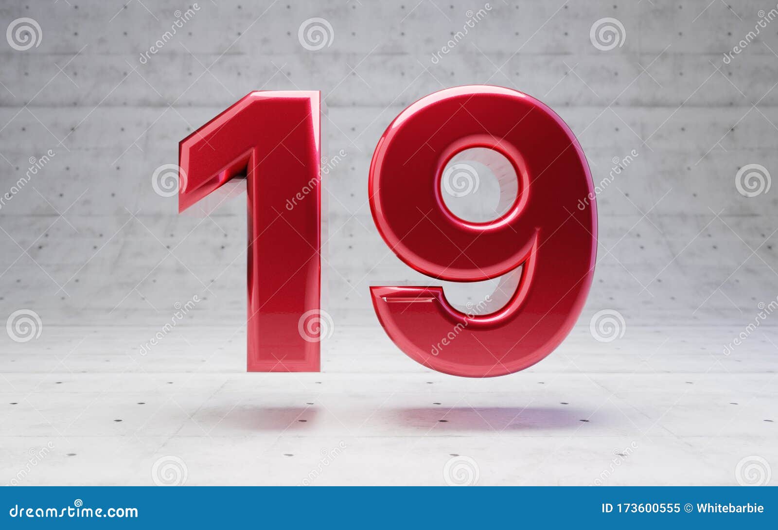 Red Number 19. Metallic Red Color Digit Isolated on Concrete Background ...