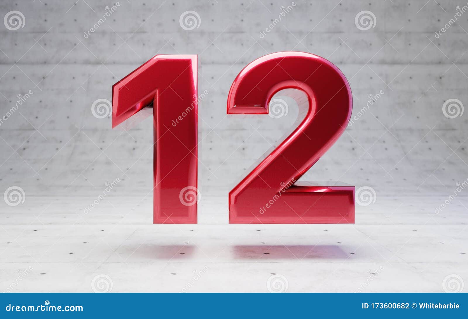 Red Number 12. Metallic Red Color Digit Isolated on Concrete Background ...